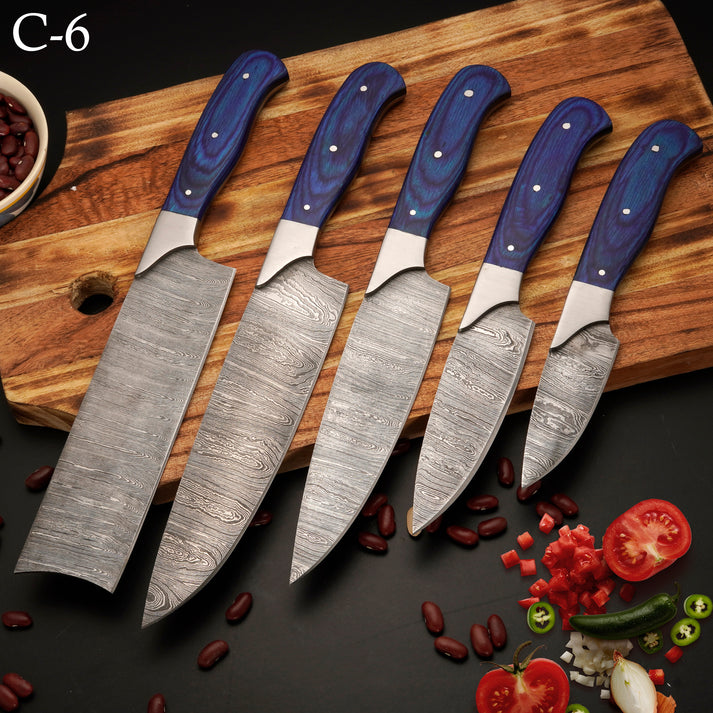 Hand Forged Damascus 5 Piece Kitchen Knife - Chef Knife Set & Leather ...