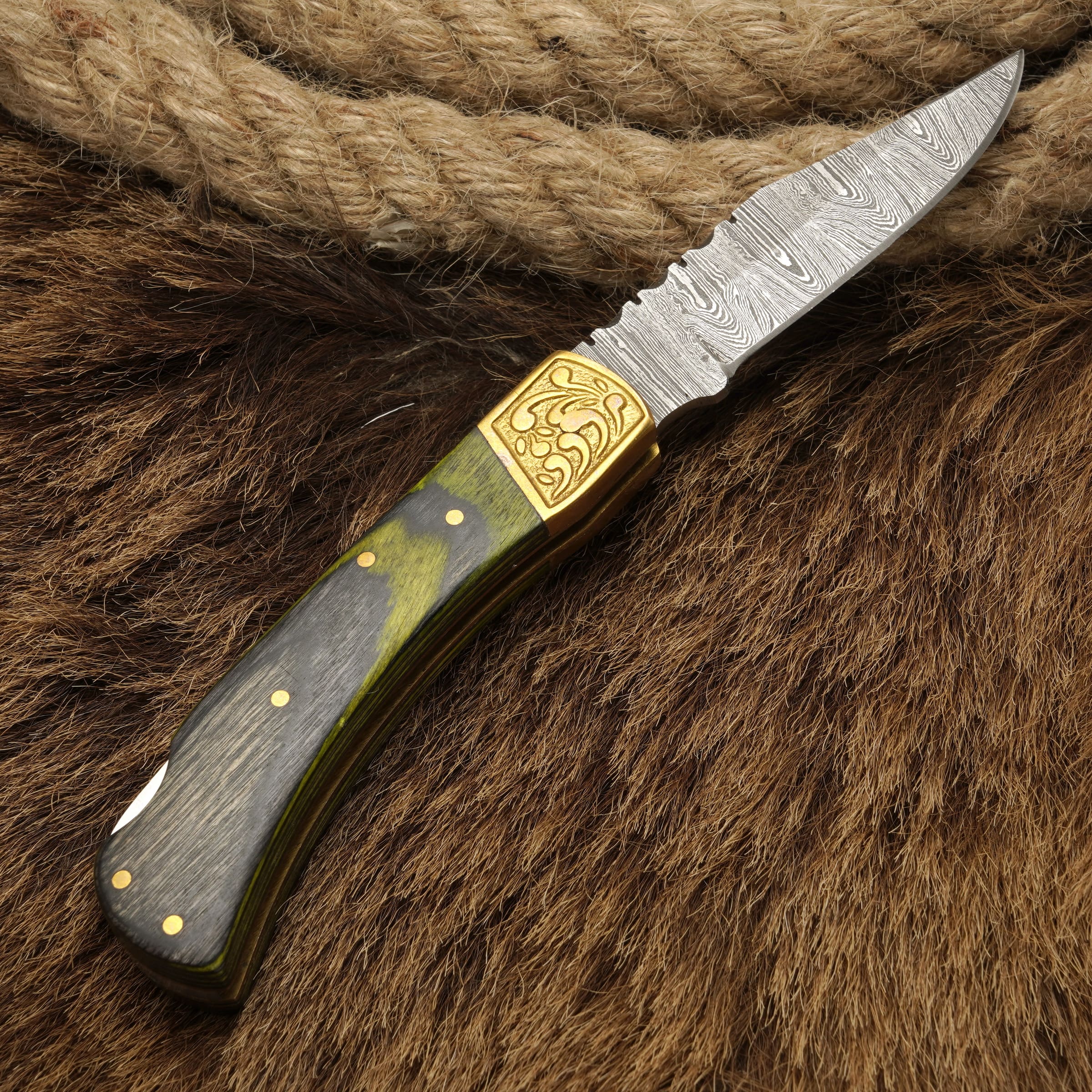 7” Handcraft Damascus Steel Pocket Knife-Engraved Brass Bolster Foldin ...