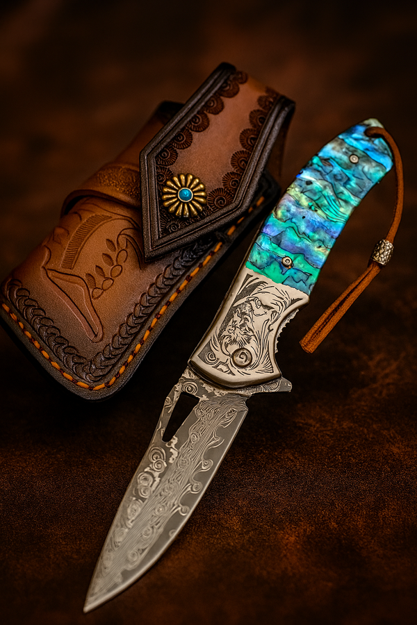 7.8" Damascus Steel EDC Folding Knife with Iridescent Abalone Shell Re ...