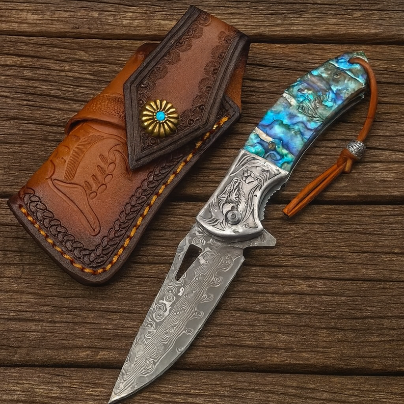7.8" Damascus Steel EDC Folding Knife with Iridescent Abalone Shell Re ...